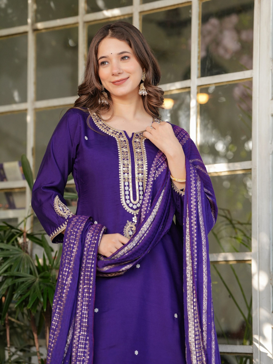 Buy KALINI Sequinned Chanderi Silk Thread Work Notch Neck Kurta With Trousers & Dupatta - Kurta ...