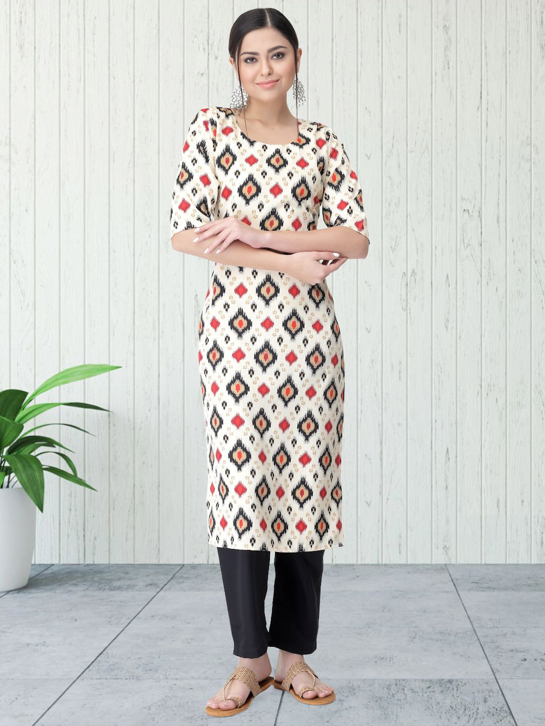 Buy 7Threads Ethnic Motifs Printed Round Neck Straight Kurta With ...