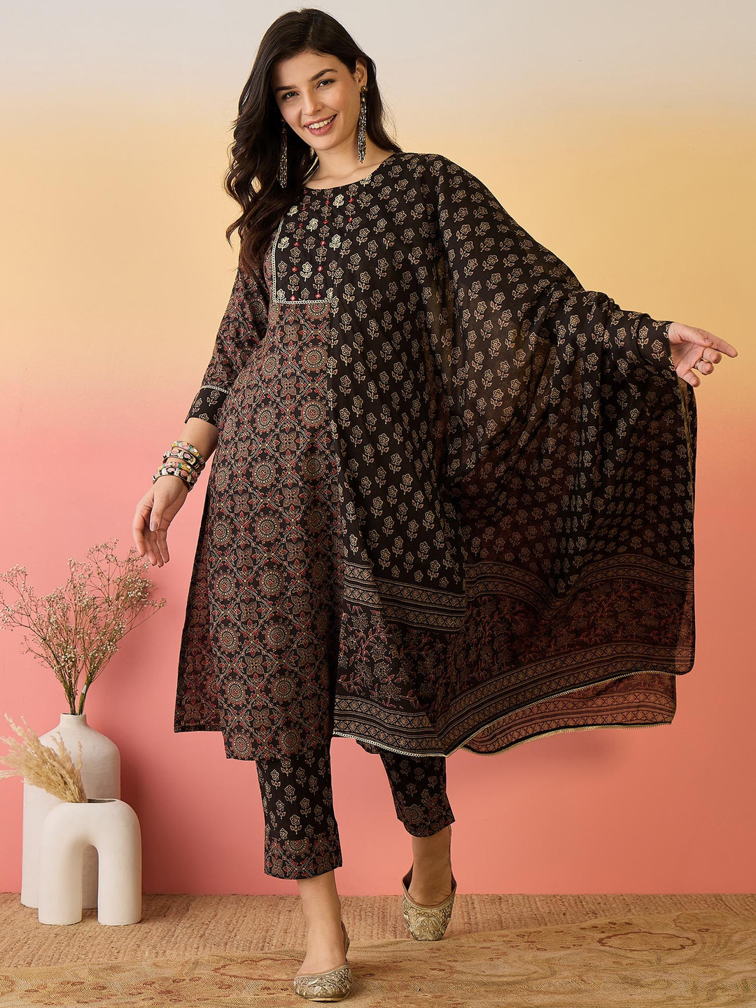 Buy Sangria Brown Ethnic Motifs Printed Pure Cotton Kurta With Trouser And Dupatta - Kurta Sets ...