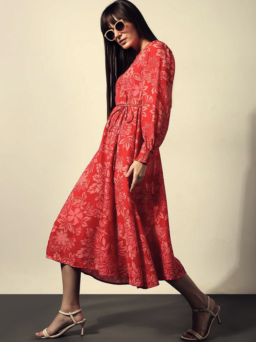 Buy Vero Moda Floral Print Bishop Sleeve Fit & Flare Midi Dress ...