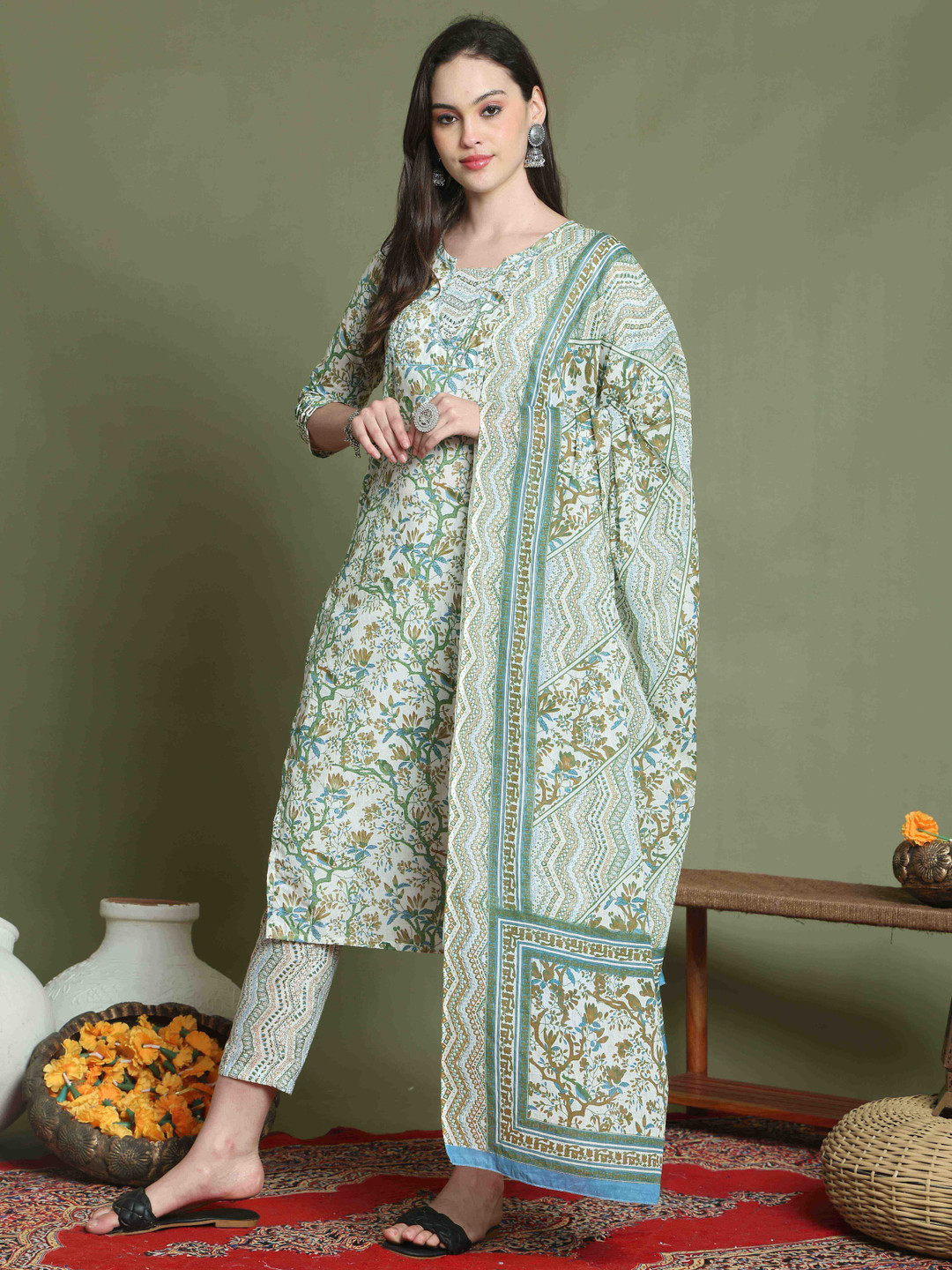 Buy Roly Poly Women Floral Printed Pure Cotton Kurta With Trousers ...