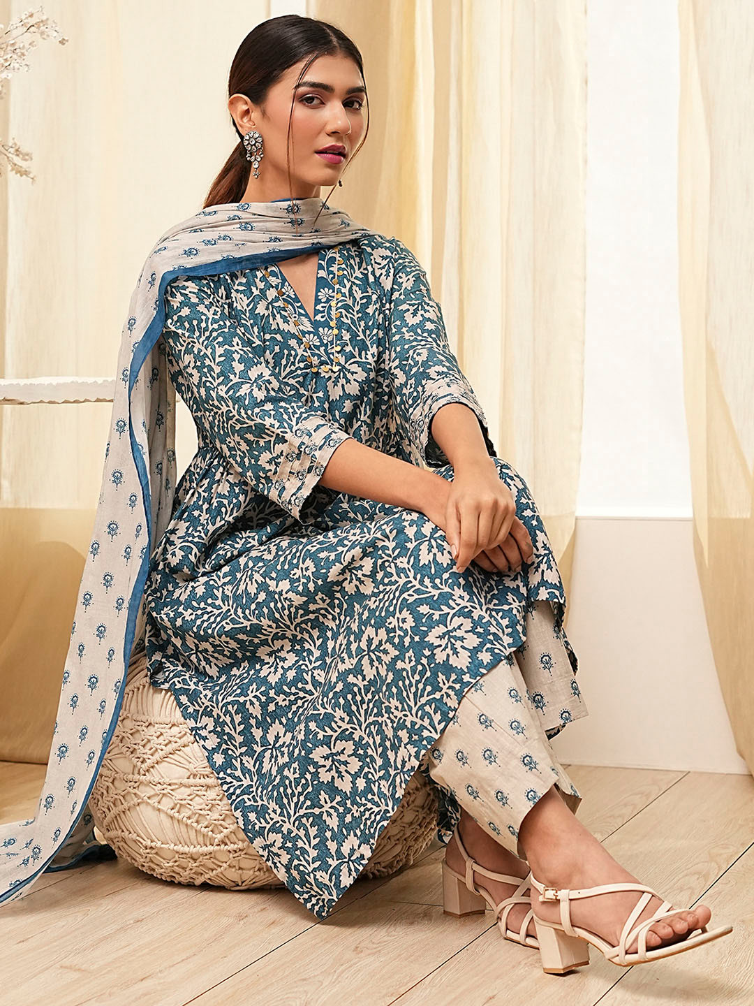 Buy Biba Women Floral Printed Regular Pure Cotton Kurta With Palazzos & With Dupatta - Kurta ...