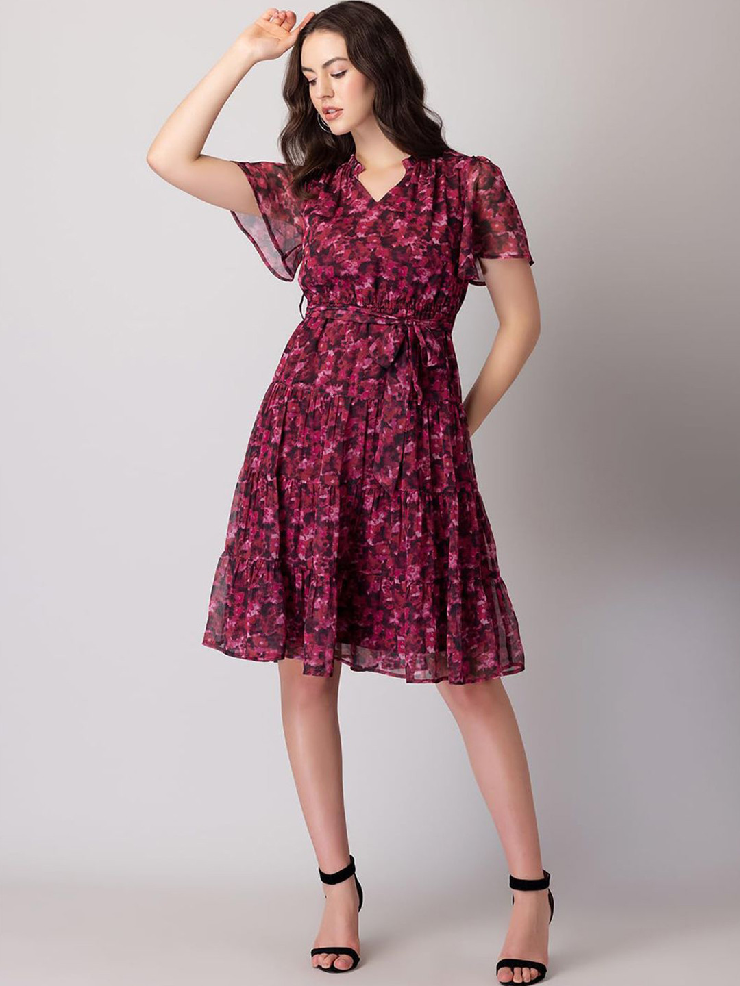 Buy Ariya Prints Floral Print Flared Sleeve Georgette Fit & Flare Dress ...
