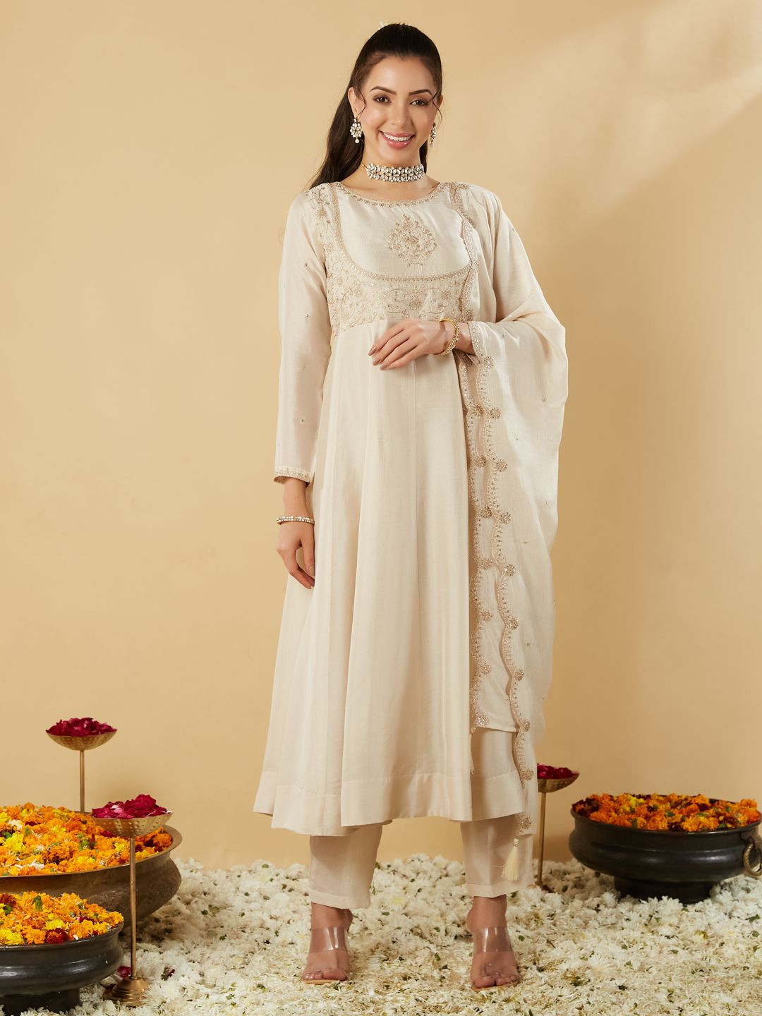 Buy MOKOSH Floral Embroidered Round Neck Sequinned Anarkali Kurta With Trousers & Dupatta ...