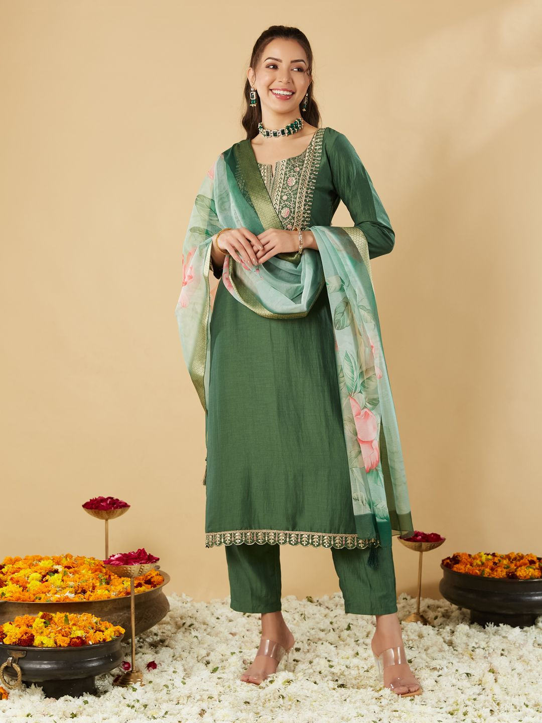 Buy MOKOSH Floral Embroidered Sequinned Notch Neck Kurta With Trousers & Dupatta - Kurta Sets ...