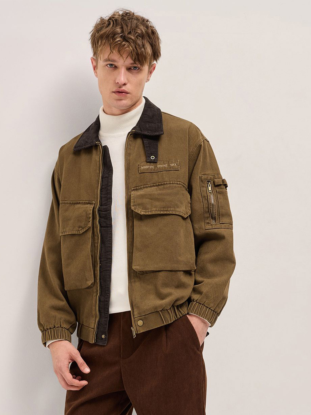 Buy THE BEAR HOUSE Men Spread Collar Solid Cotton Casual Bomber Jacket ...