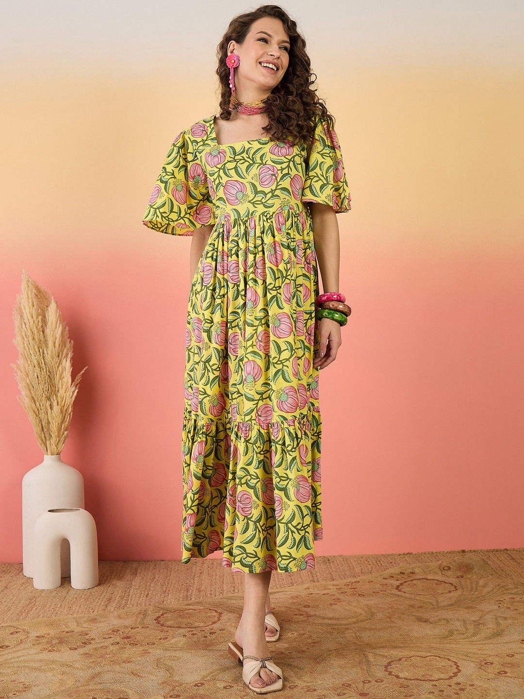 Buy Sangria Women Square Neck Floral Printed Flared Sleeves Pure Cotton ...