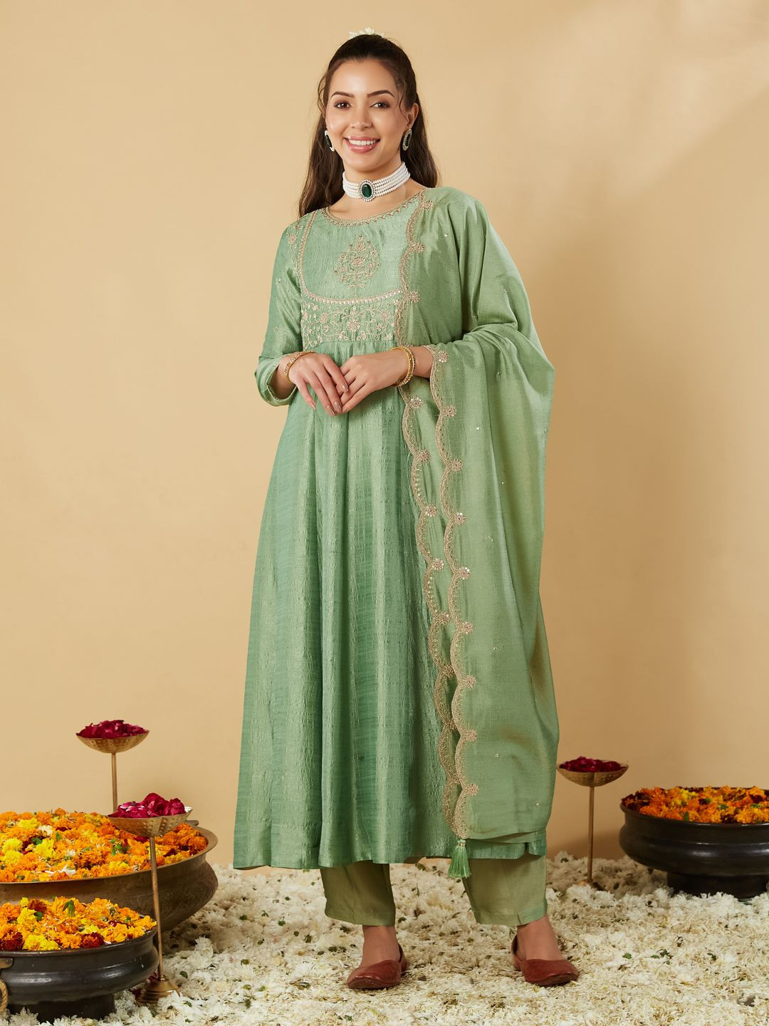 Buy MOKOSH Floral Embroidered Round Neck Sequinned Anarkali Kurta With Trousers & Dupatta ...