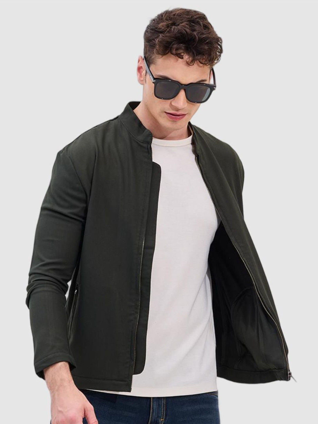 Buy Snitch Men Mandarin Collar Solid Casual Bomber Jacket - Jackets for ...
