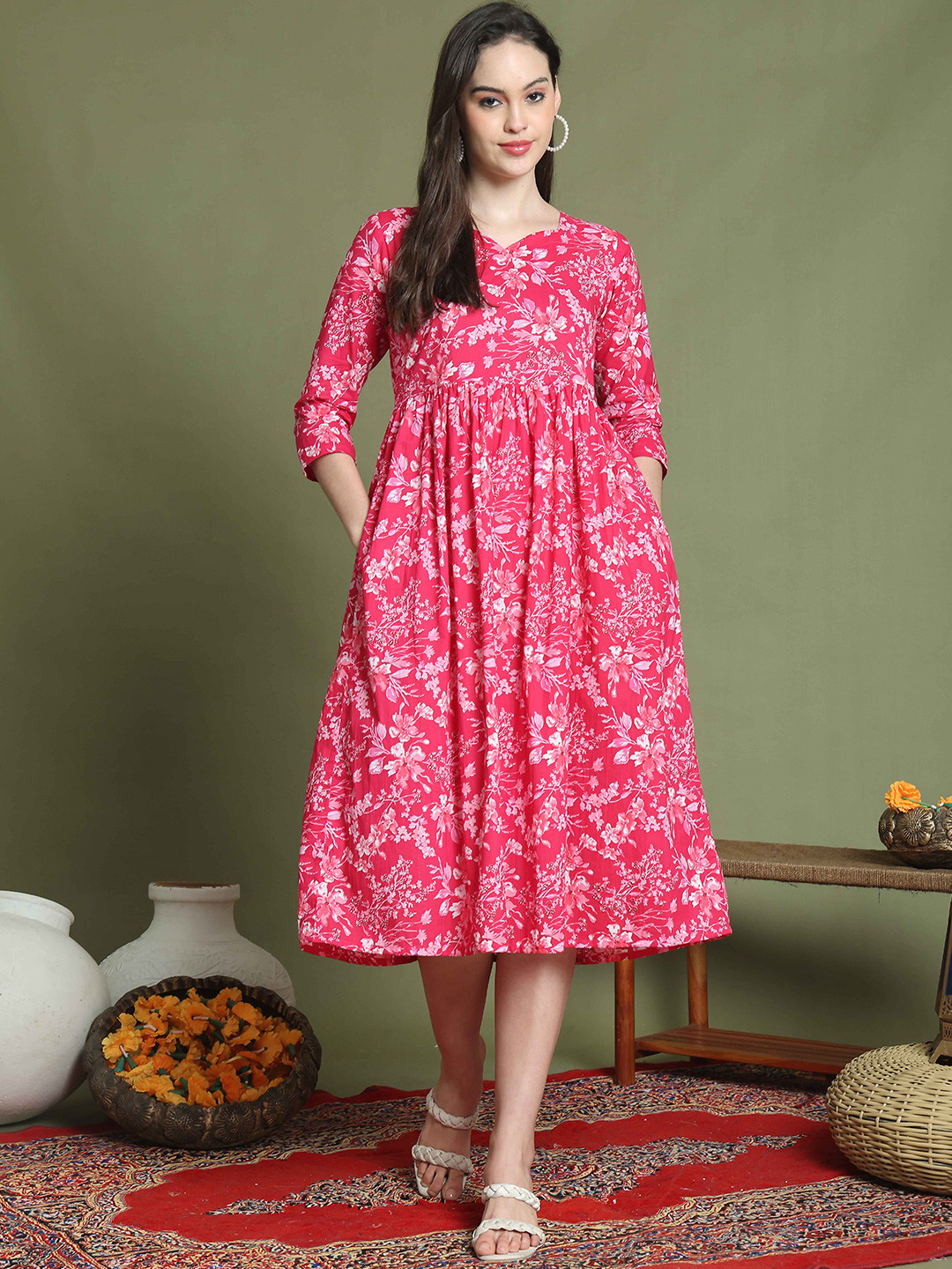 Buy Roly Poly Women Floral Printed A Line Midi Cotton Dress - Dresses ...