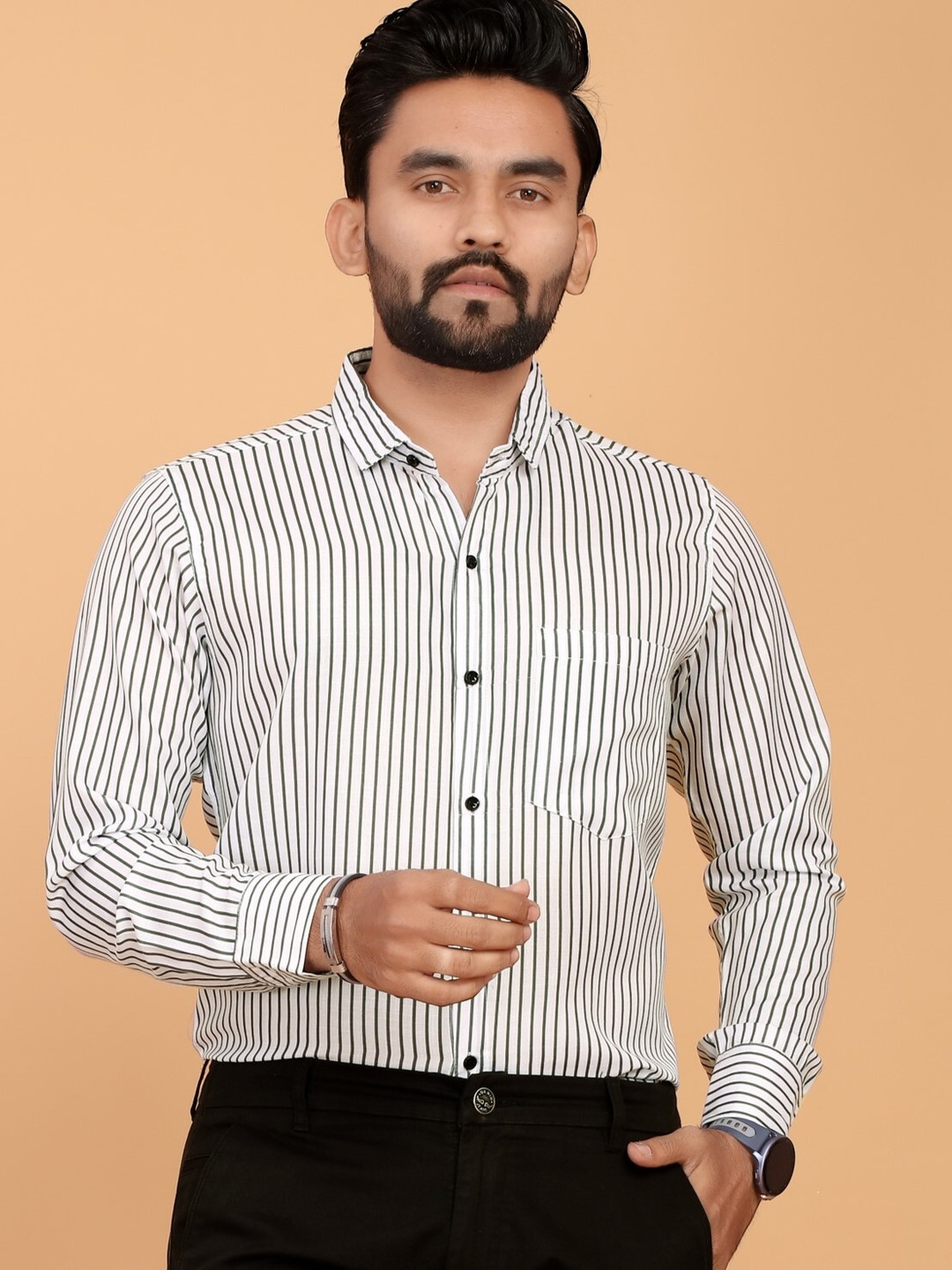 Buy STI Men Classic Fit Spread Collar Vertical Striped Formal Shirt ...