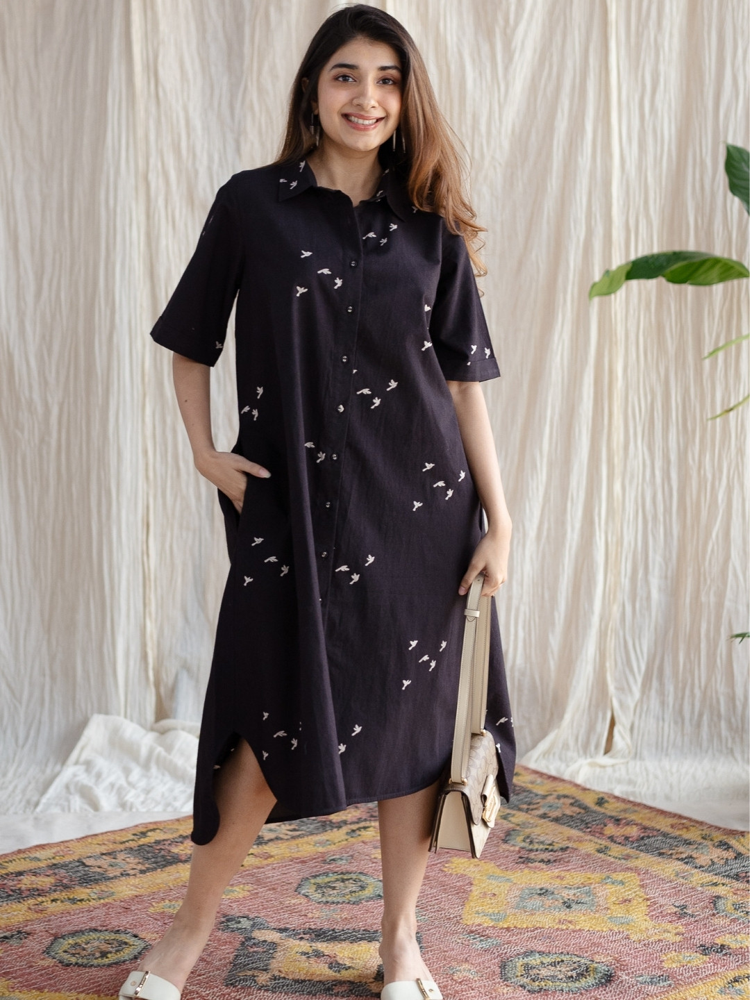 Buy THE INDIAN ETHNIC CO Charcoal A Line Ajrakh Cotton Dress - Dresses ...