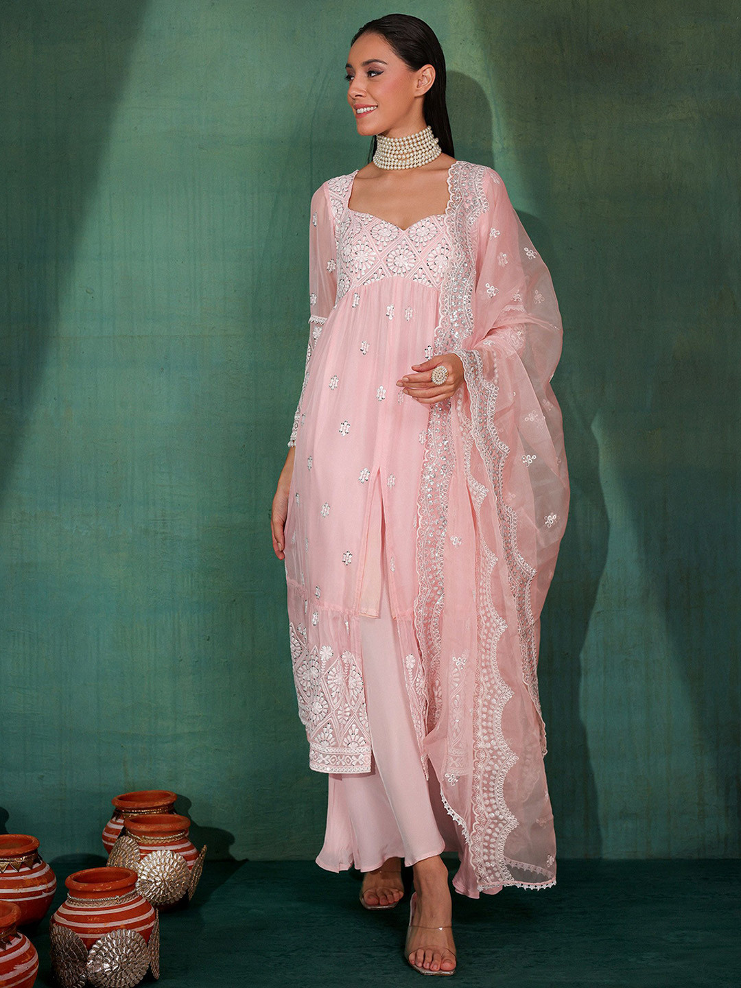 Buy SEW Women Floral Embroidered Sweetheart Neck Straight Kurta With ...