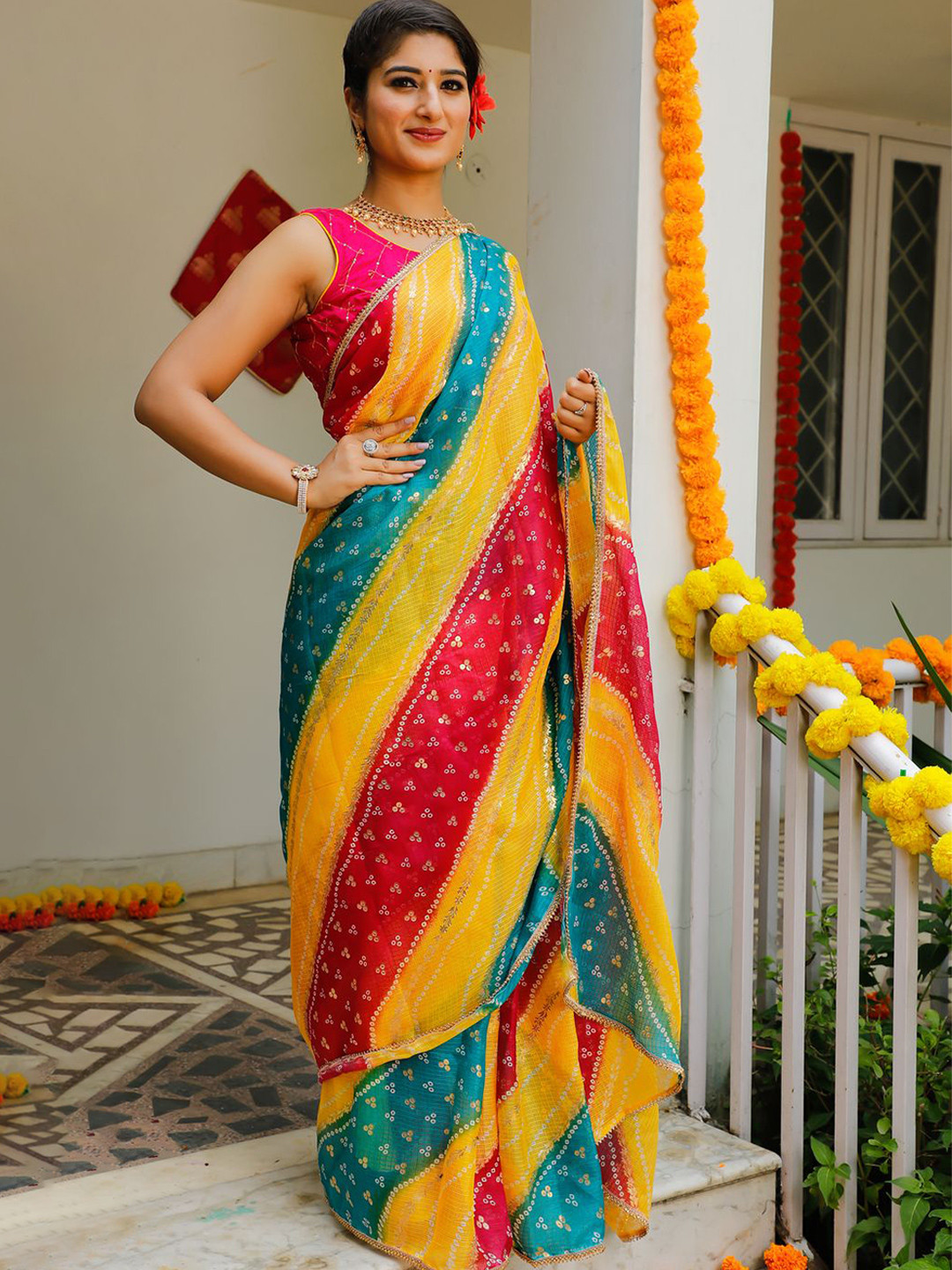 Buy Indi INSIDE Printed Embellished Beads And Stones Bandhani Saree ...