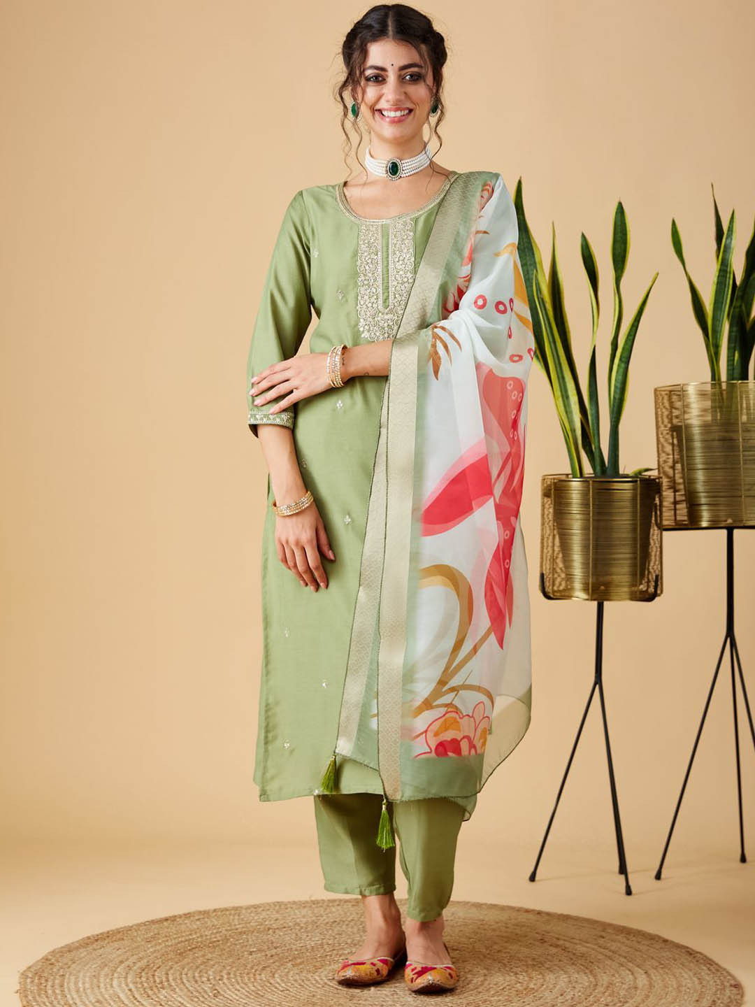 Buy MOKOSH Floral Embroidered Round Neck Straight Kurta With Trousers And Dupatta - Kurta Sets ...