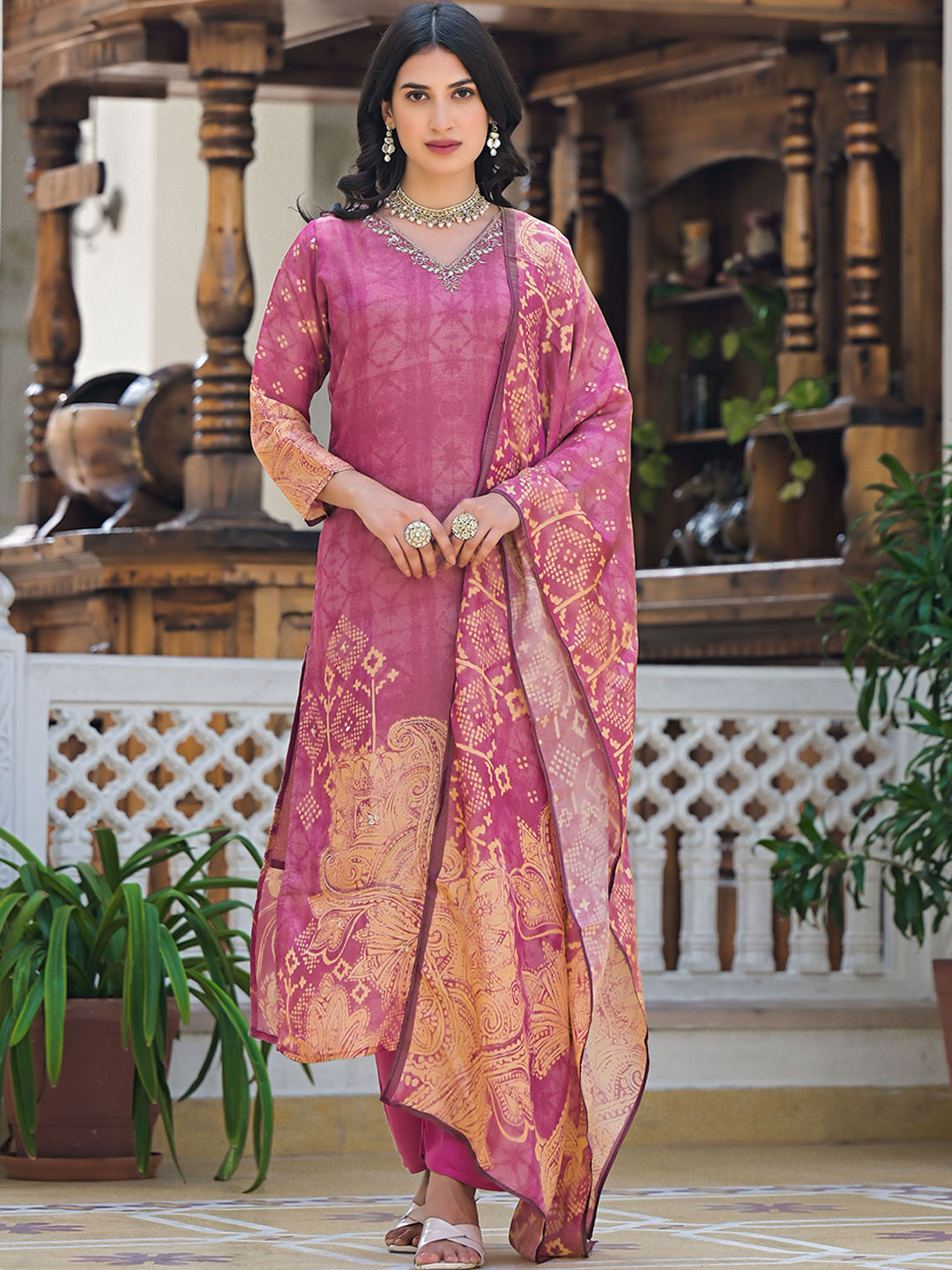 Buy Anouk Pink Ethnic Motifs Printed Beads & Stones V Neck Kurta With ...