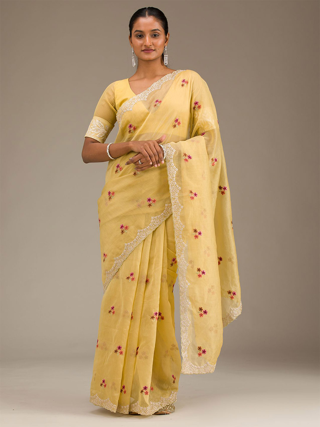 Buy Koskii Floral Embroidered Mustard Threadwork Tissue Saree - Sarees ...