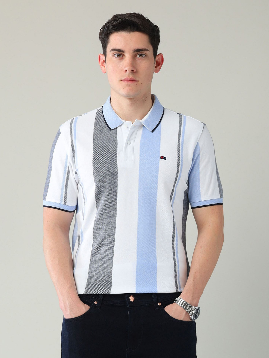 Buy AD By Arvind Men Striped Polo Collar Cotton Slim Fit T Shirt ...