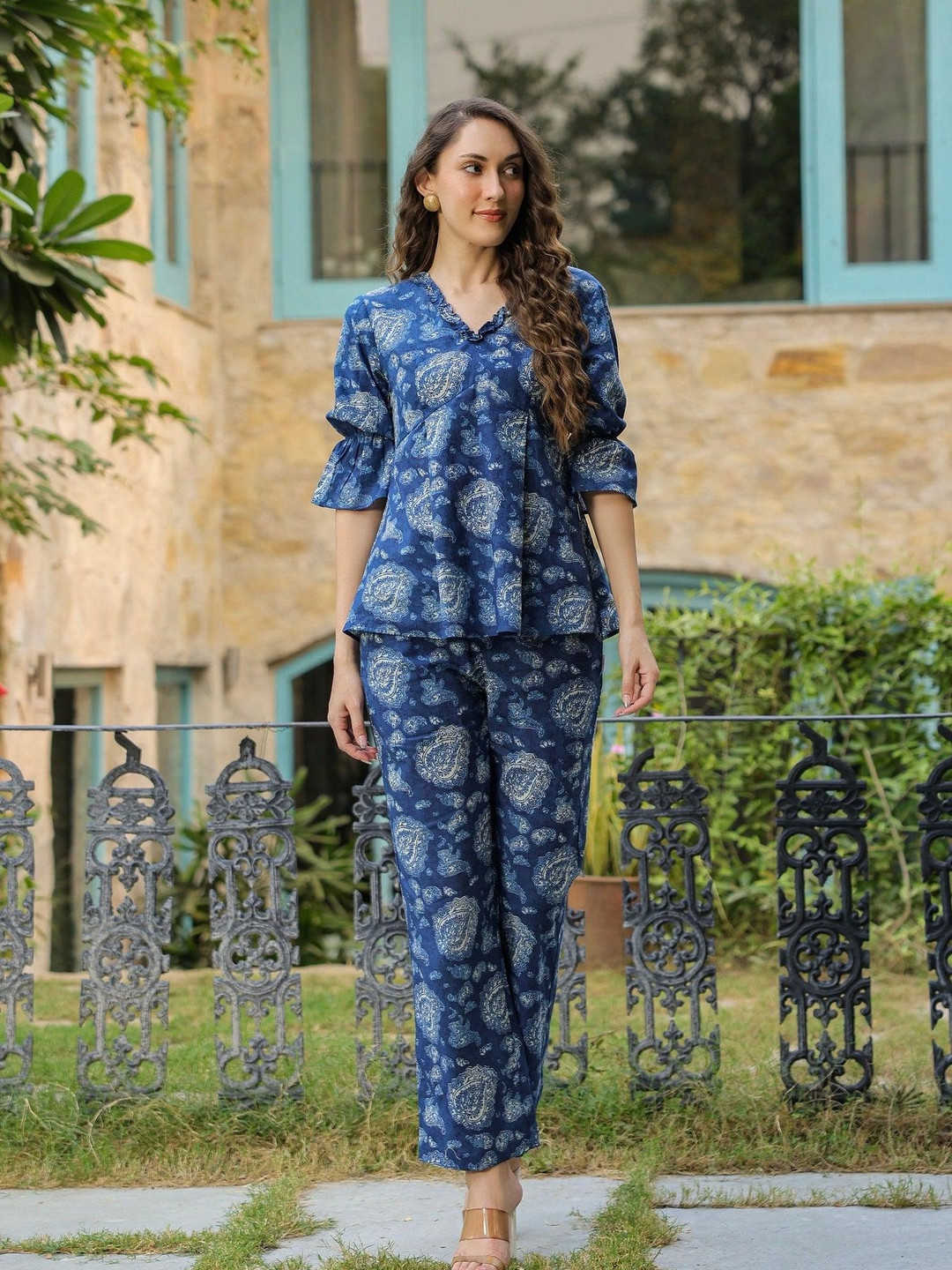 Buy JISORA Printed V Neck Pure Cotton Co Ord Set - Co Ords for Women ...