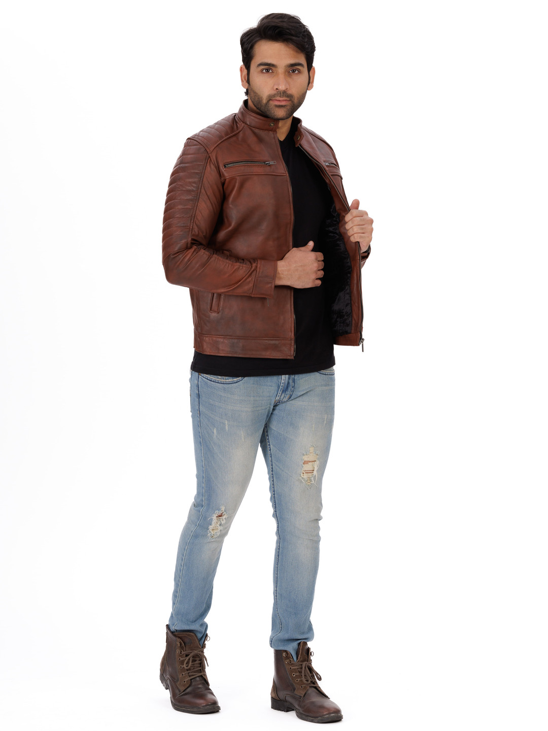 Buy Everestwolf Men Mandarin Collar Solid Leather Casual Leather Jacket ...