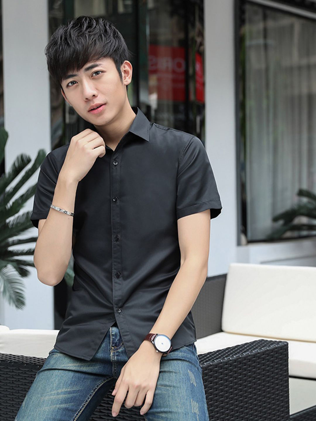 Buy HERE&NOW Men Slim Fit Spread Collar Solid Cotton Casual Shirt ...