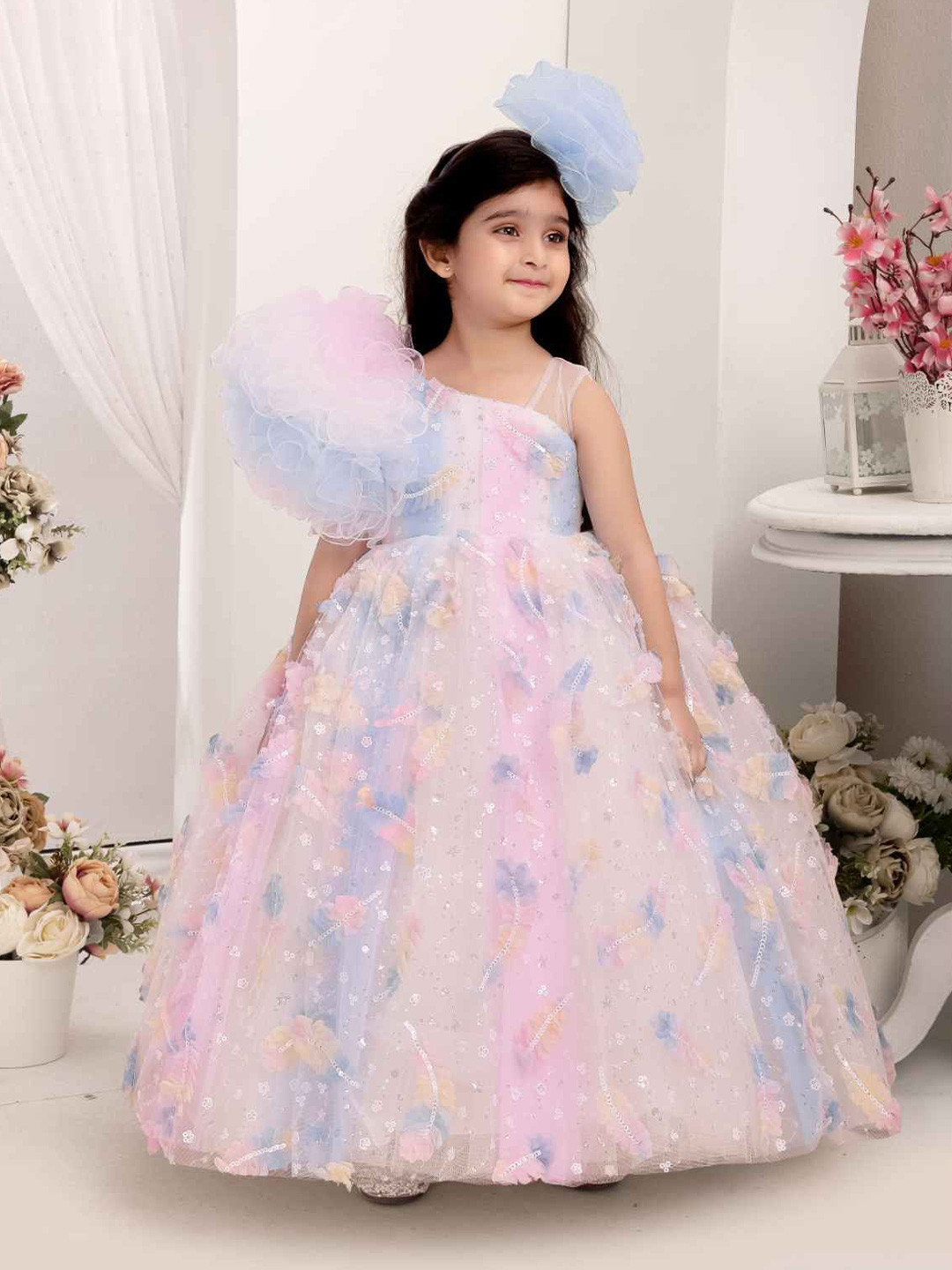 Buy Lagorii Girls Floral Print Asymmetric Neck Ruffled Net Fit & Flare ...