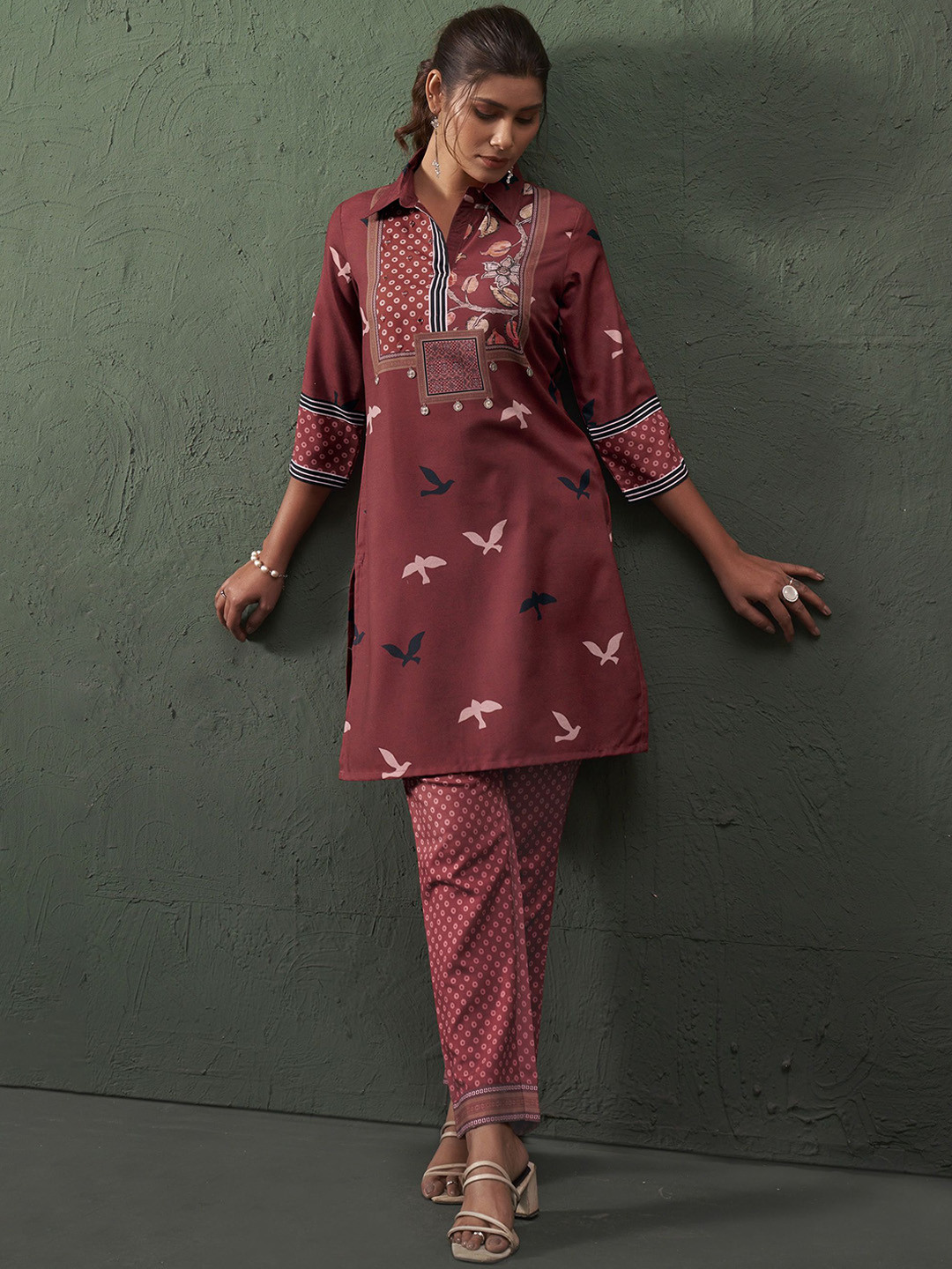 Buy Anouk Rust Floral Printed Shirt Collar Tunic With Trouser - Co Ords ...