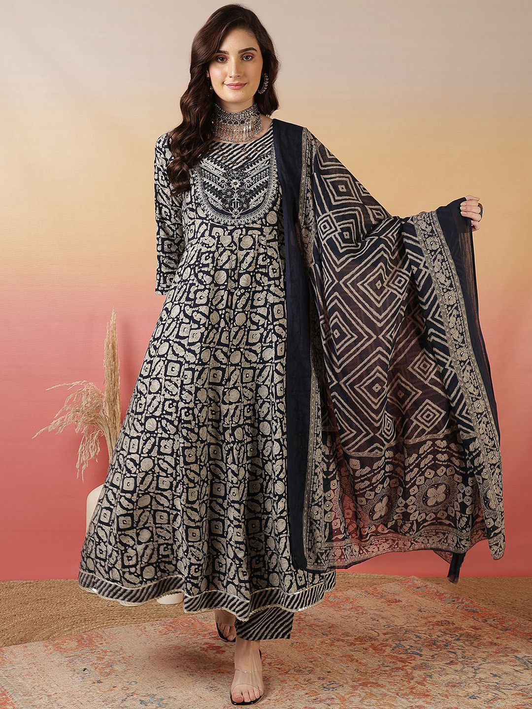 Buy Sangria Black Ethnic Motifs Printed Anarkali Kurta With Trouser And Dupatta - Kurta Sets for ...