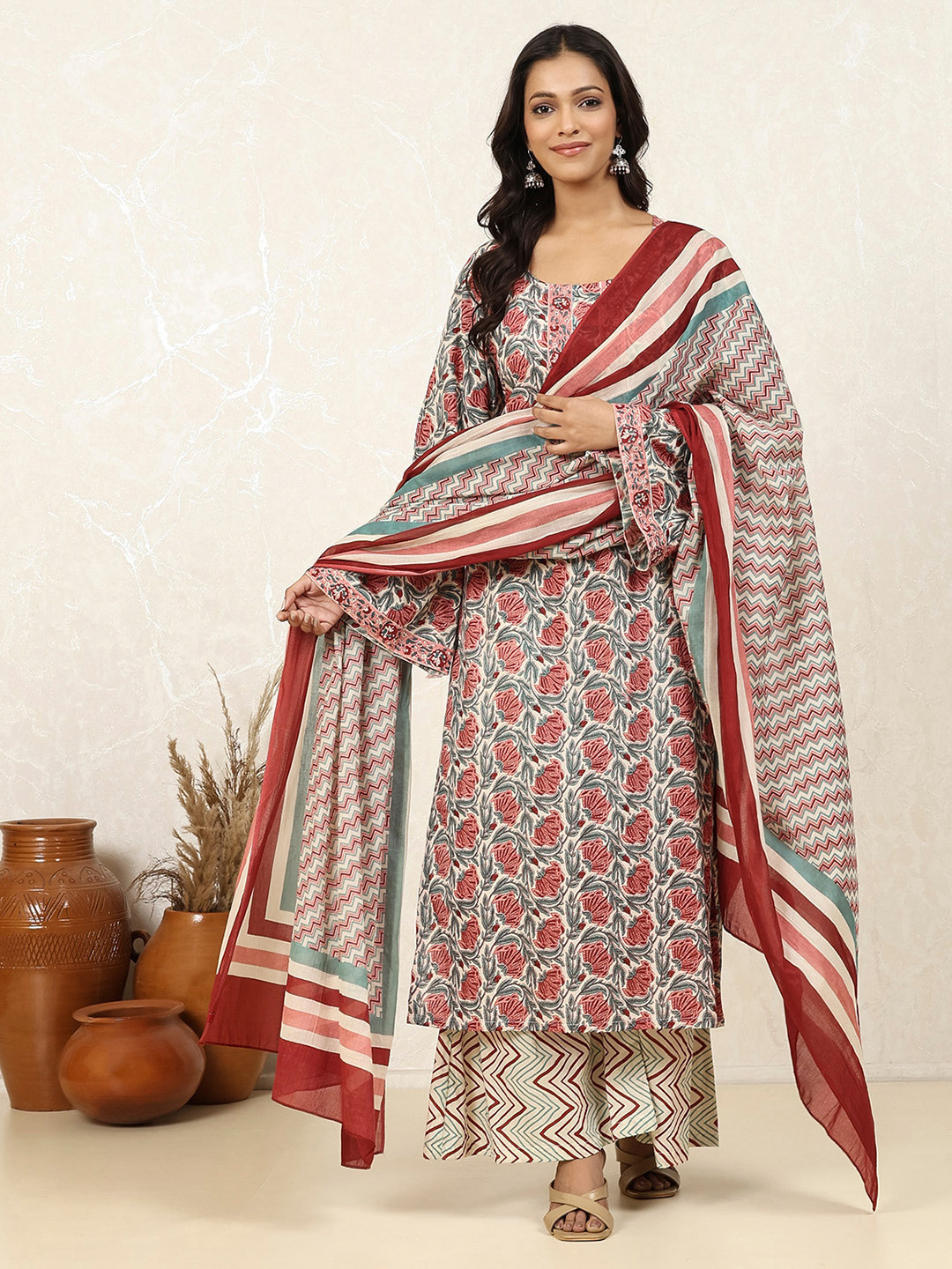 Buy Biba Ethnic Motifs Printed Pure Cotton Unstitched Dress Material ...