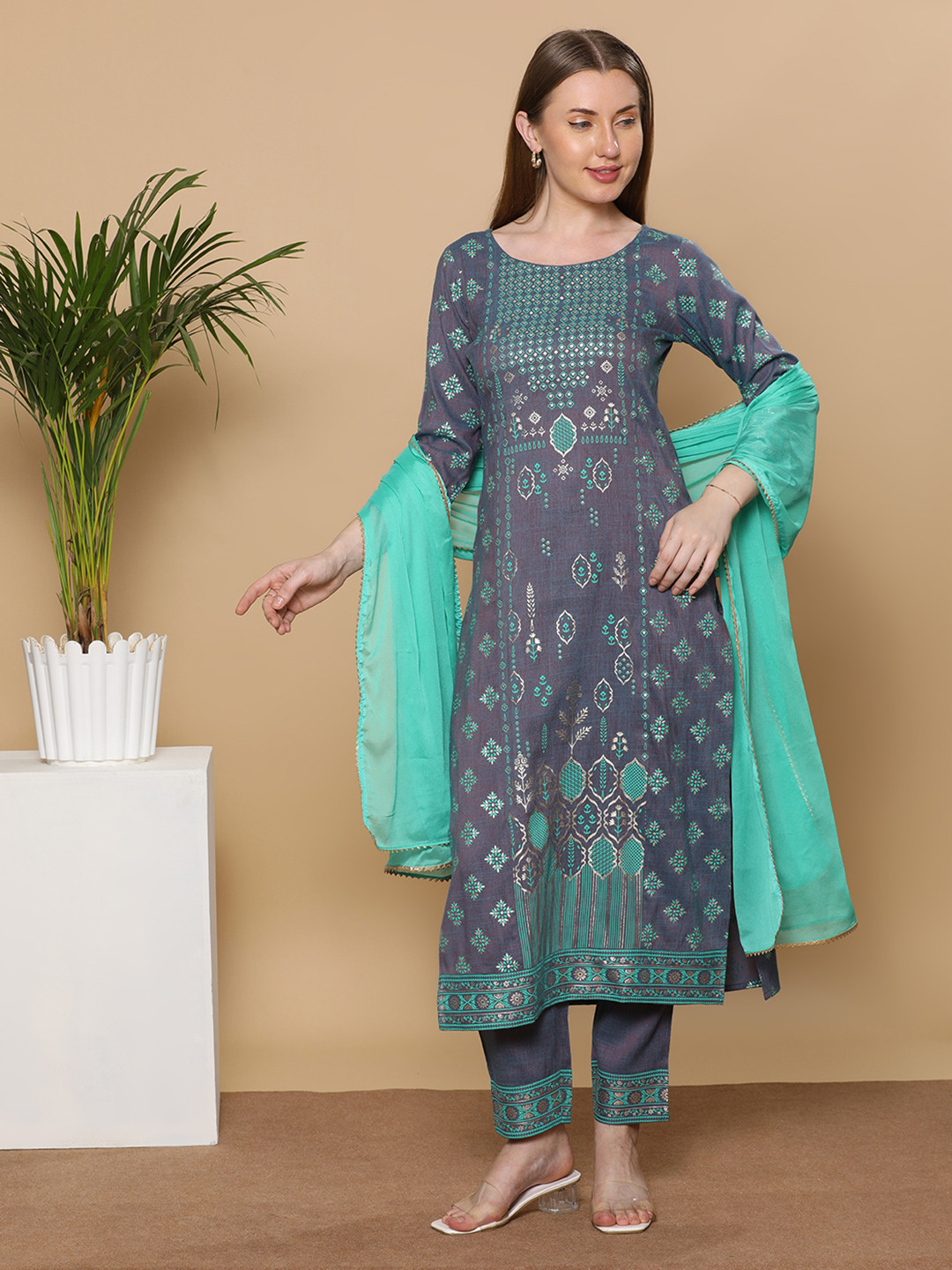 Buy DUMMY SHAPE Women Paisley Printed Panelled Kurta With Trousers ...