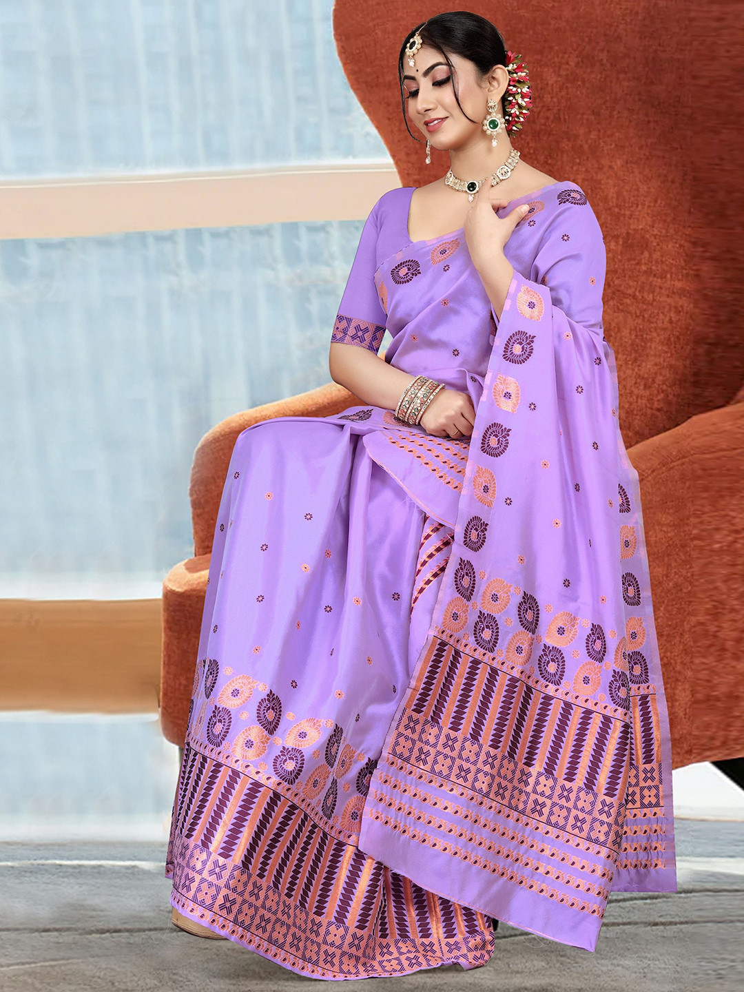 Buy KAMDAR Mixpat Silk Assamese Mekhela Chador With Copper Jari And Sea ...