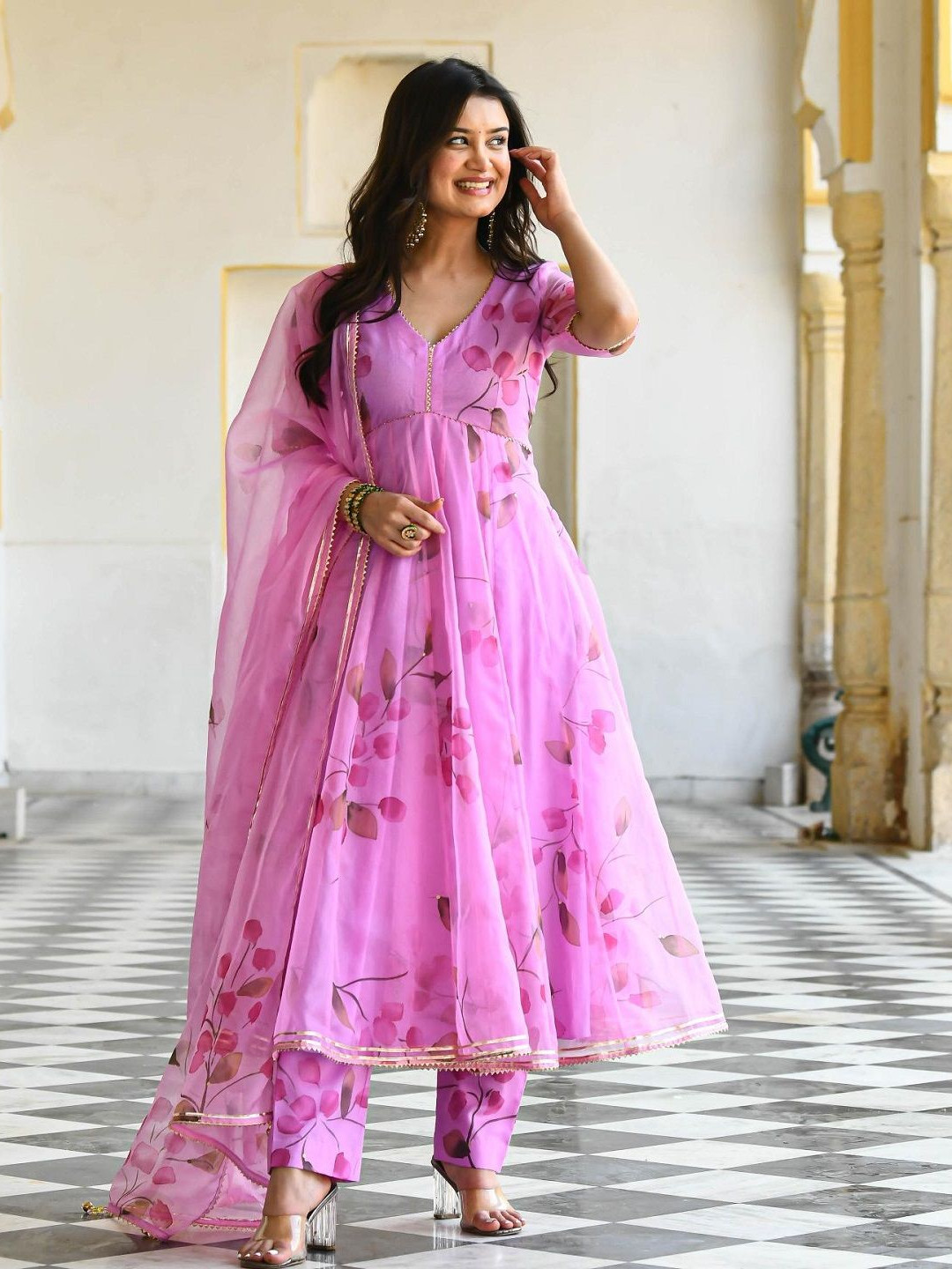 Buy Moda Rapido Pink Floral Printed V Neck Empire Anarkali Kurta With ...
