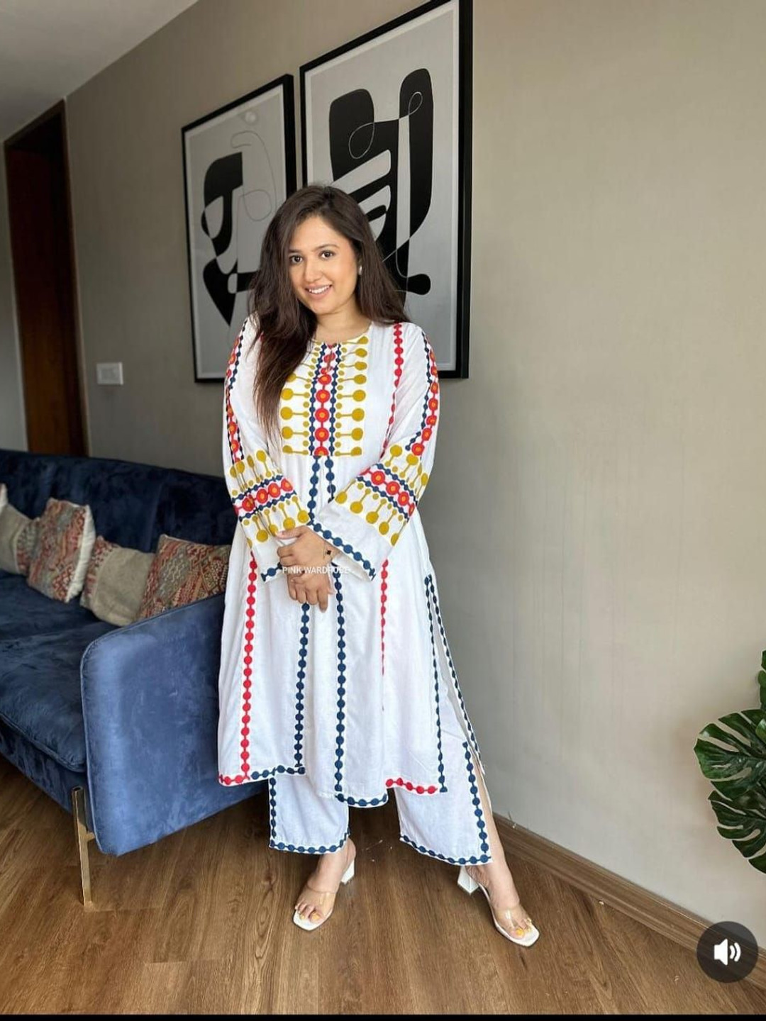 Buy KALINI Geometric Printed Keyhole Neck Pure Cotton Kurta With Palazzo - Kurta Sets for Women ...