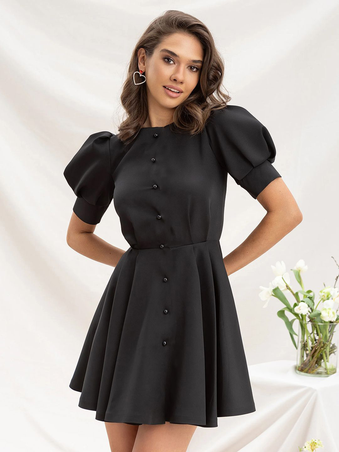 Buy ADDYVERO Puff Sleeve Ruffled Scuba Fit & Flare Dress - Dresses for ...