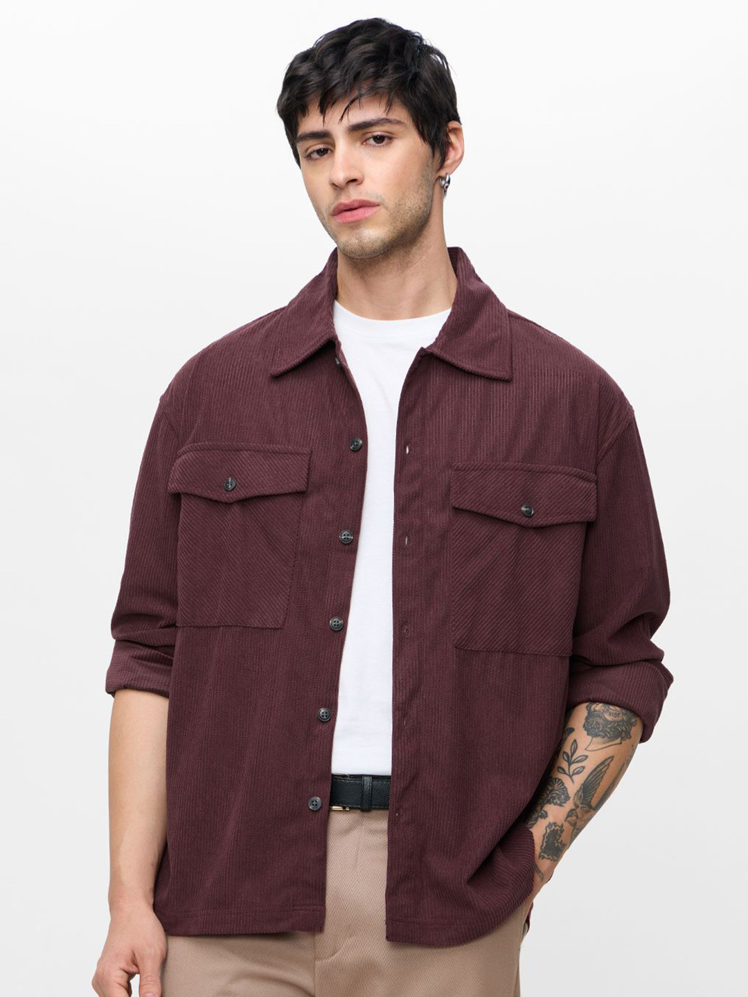 Buy The Souled Store Women Corduroy Solid Opaque Shacket Oversized ...