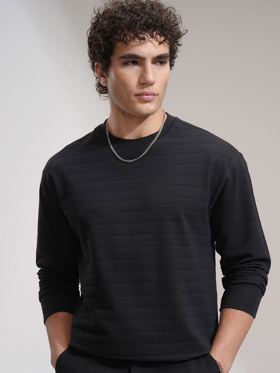Buy HIGHLANDER Men Round Neck Knitted Textured Relaxed Dropshoulder ...