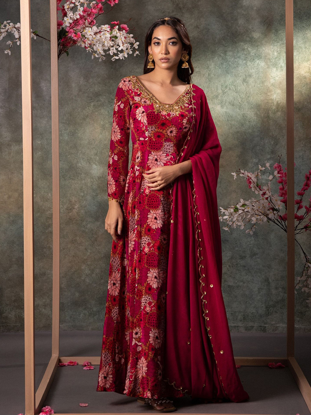 Buy Mehak Murpana Women Floral Printed A Line Ethnic Dress With Dupatta ...