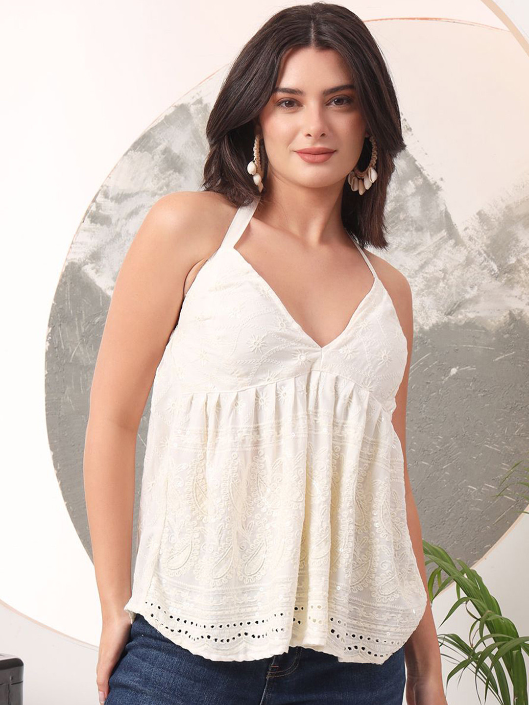 Buy KALINI Embroidered Halter Neck Cotton Schiffli Peplum Top - Tops ...