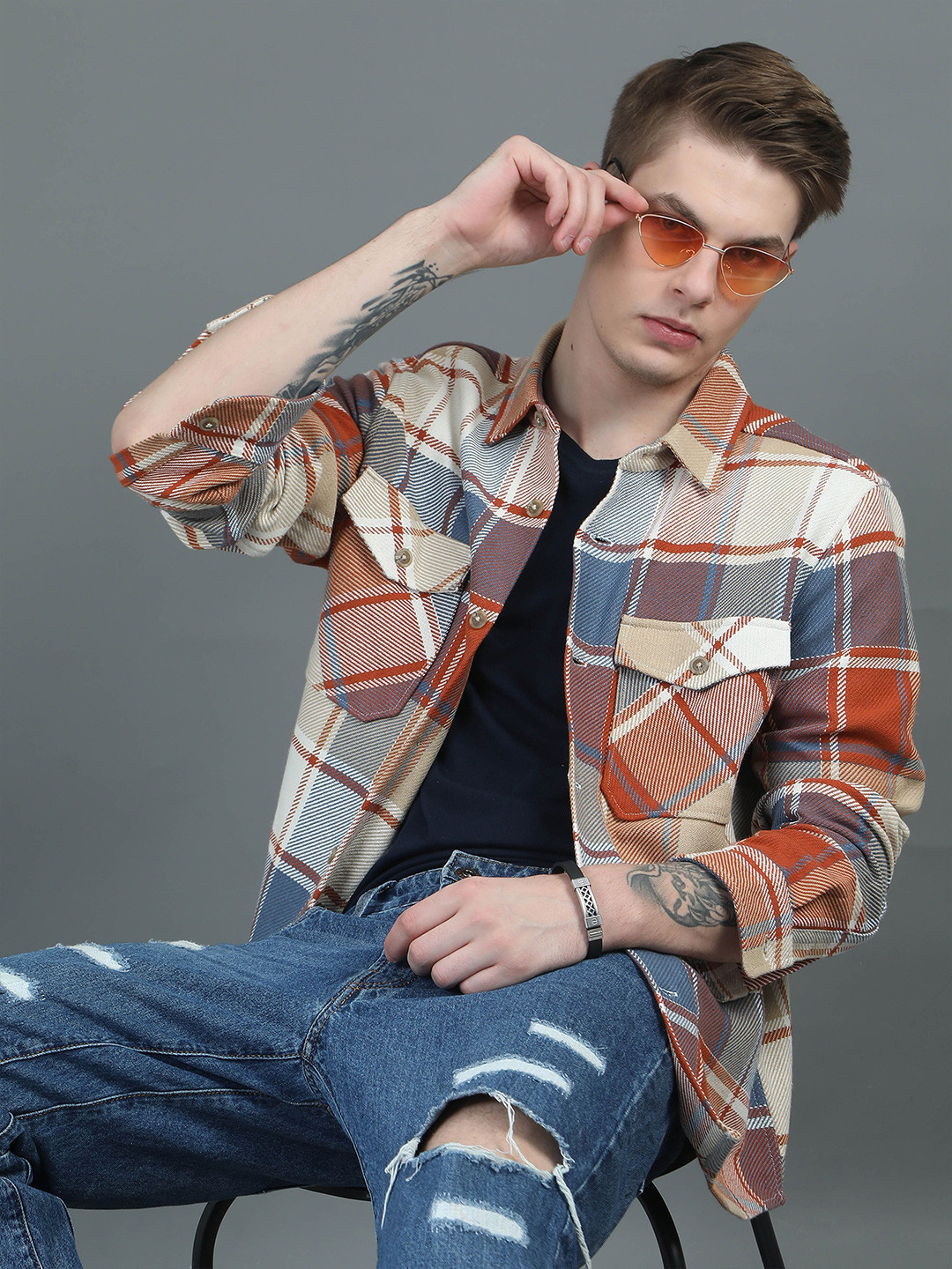 Buy StitchX Men Long Sleeve Buffalo Checkered Double Flap Pocket ...