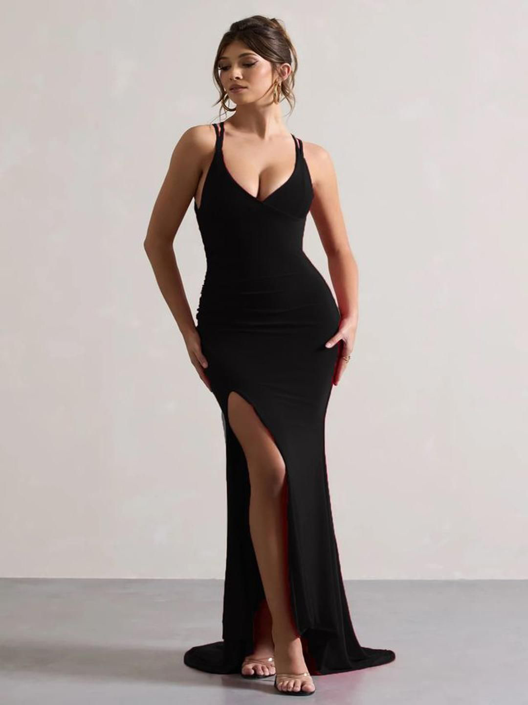 Buy TRAQUILA Women Shoulder Straps Side Slits Bodycon Maxi Dress ...
