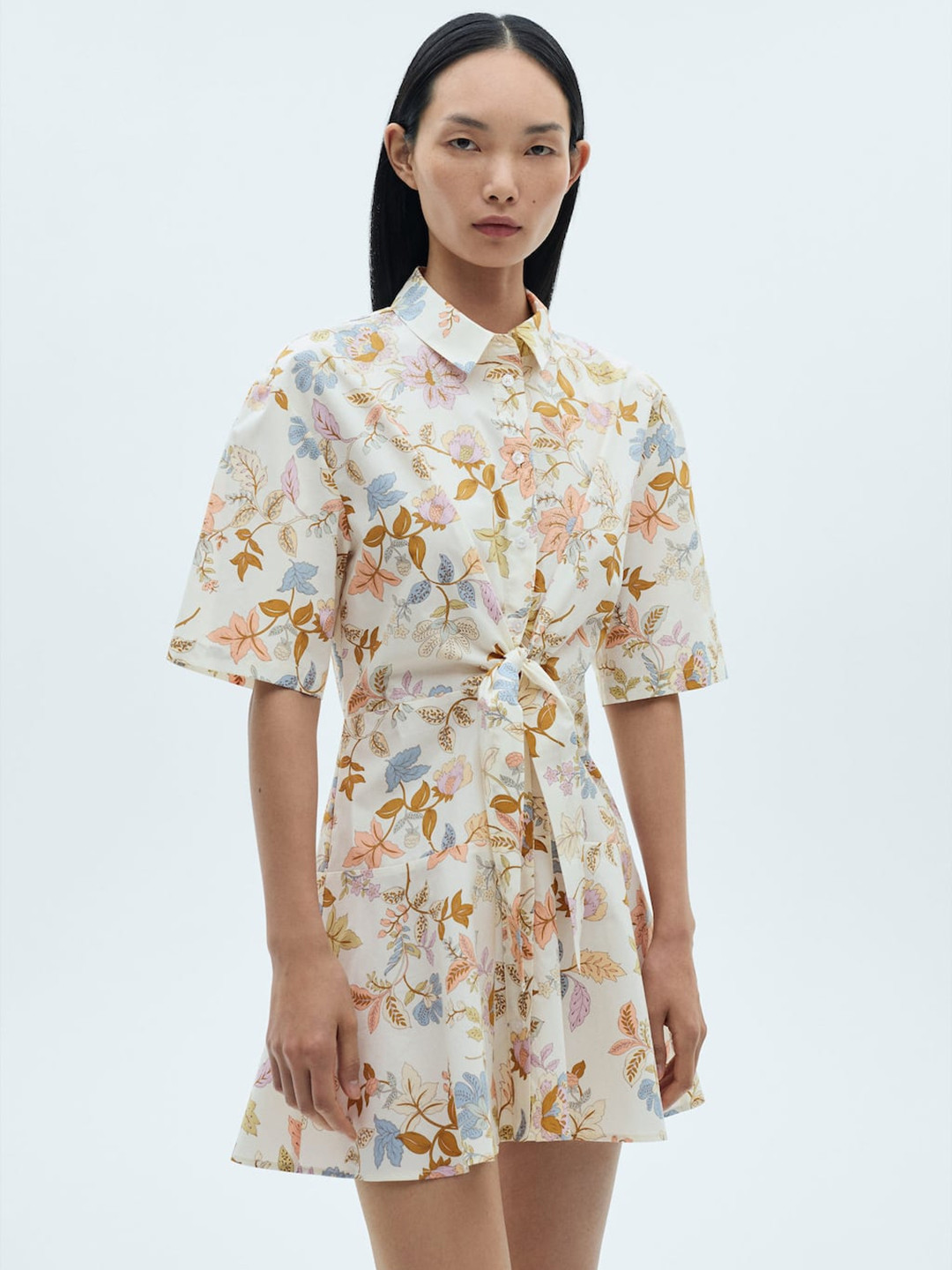 Buy MANGO Knot Floral Print Cotton Mini Shirt Dress - Dresses for Women ...
