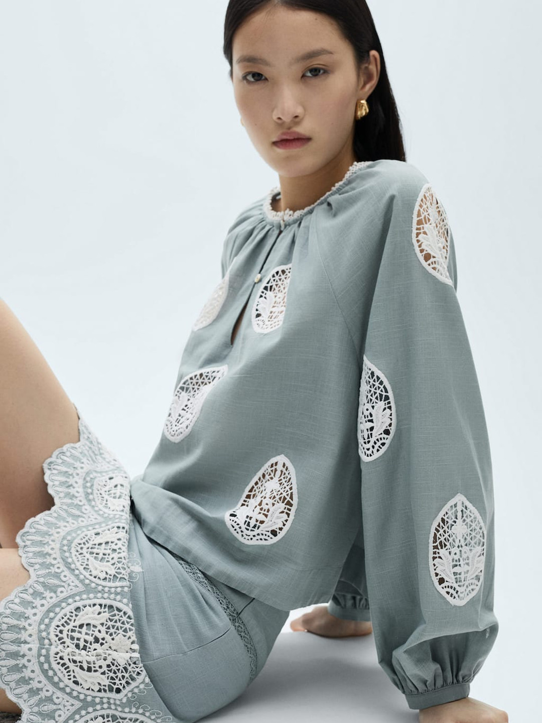 Buy MANGO Floral Embroidered Gathered Detail Pure Cotton Semi Sheer Top ...