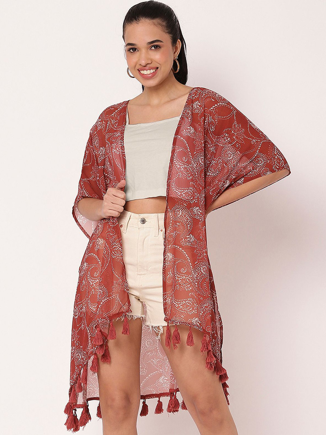 Buy Moomaya Floral Printed Kimono Sleeves Tassels Open Front Shrug ...