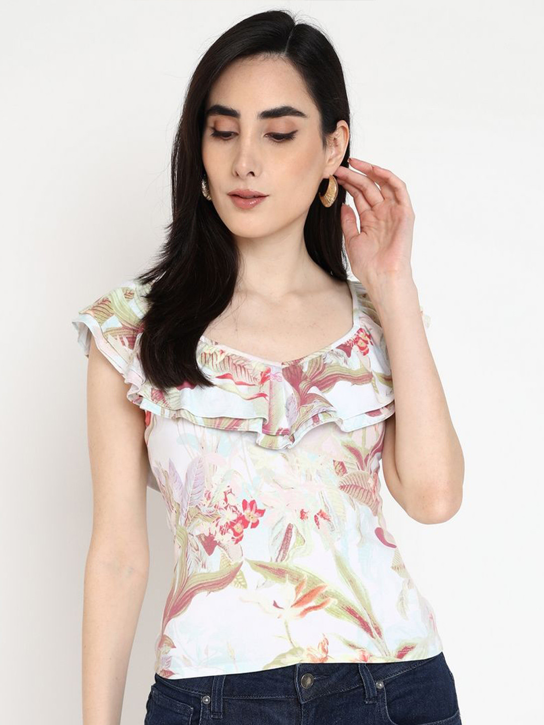 Buy GUESS Women Floral Printed Flutter Sleeve Top - Tops for Women ...