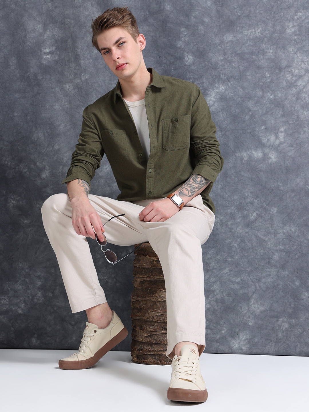 Buy StitchX Men's Spread Collar Full Sleeve Brushed Cotton Solid Double ...