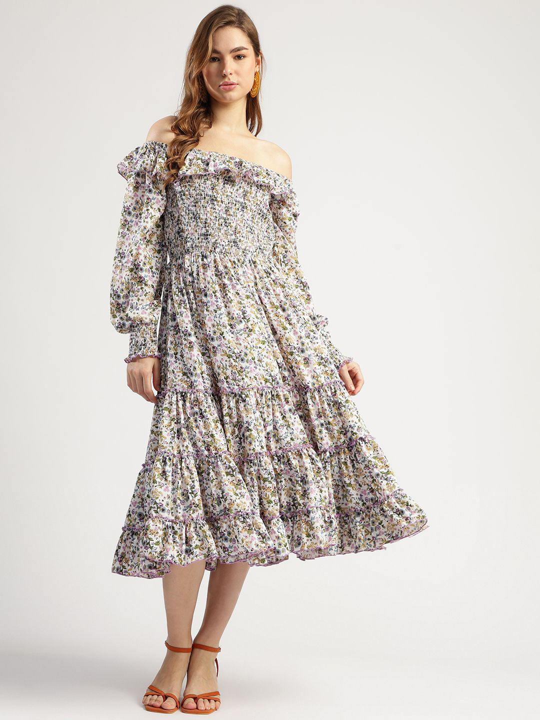 Buy T TRYON ULTIMATE Women Floral Printed Off Shoulder Puff Sleeves Fit ...