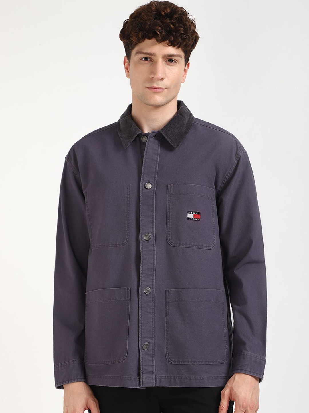 Buy Tommy Hilfiger Men Solid Spread Collar Oversized Cotton Shacket ...