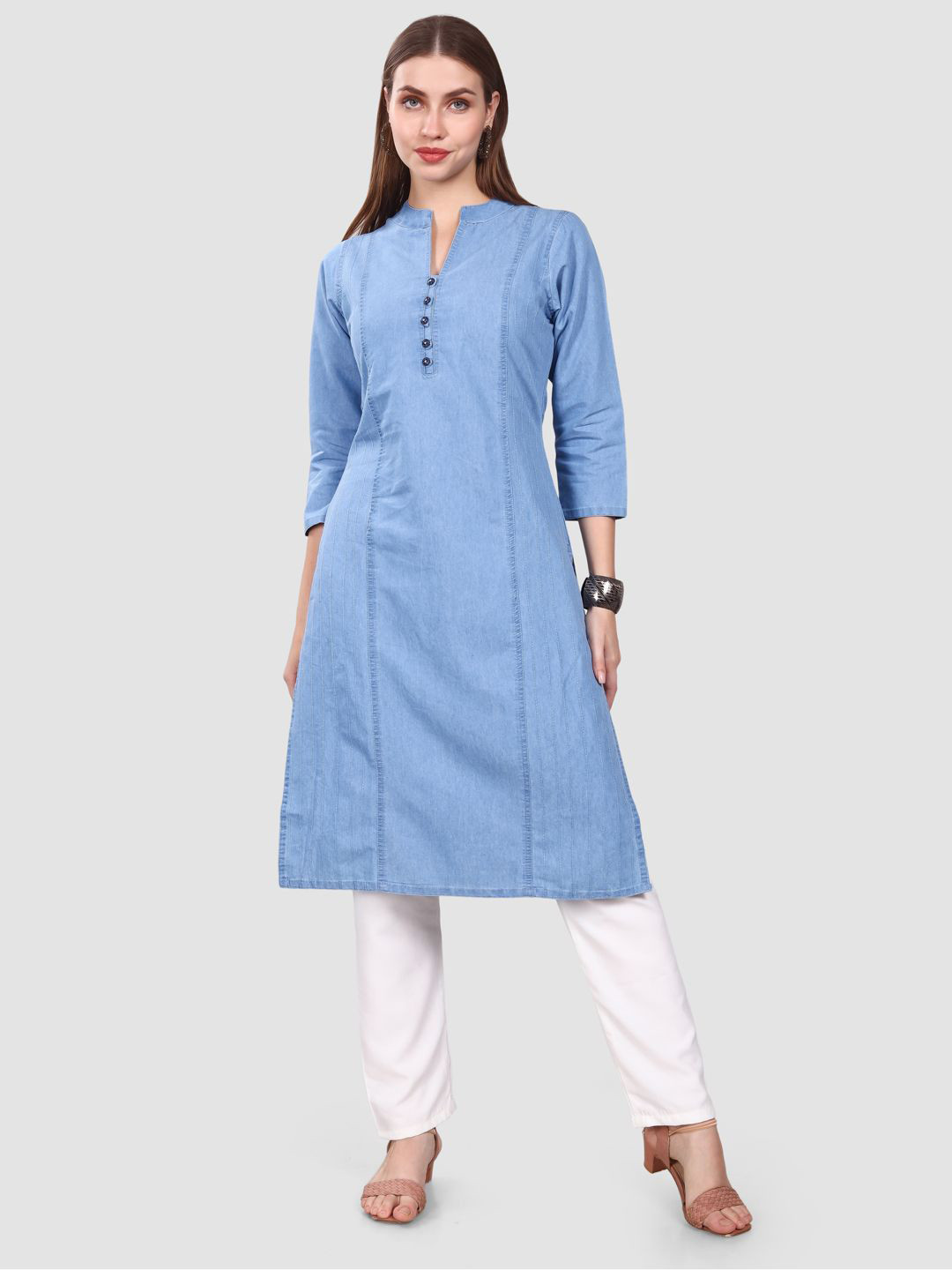 Buy SK Creation Mandarin Collar Denim Straight Kurta - Kurtas for Women 32254468 | Myntra