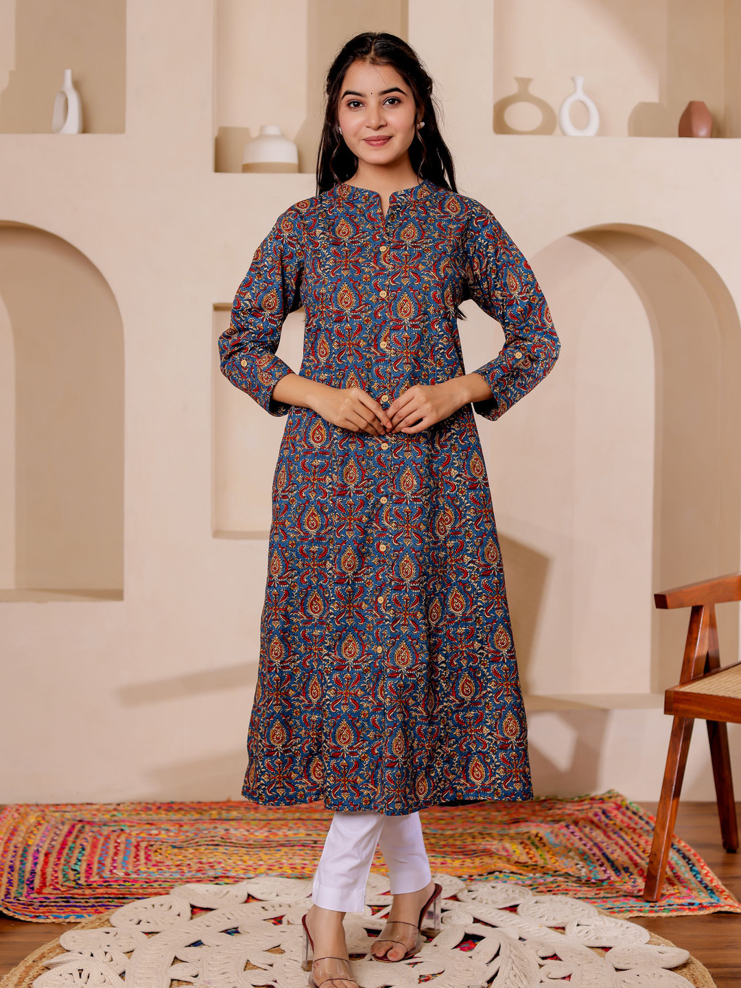 Buy Chandbaali Women Ethnic Motifs Printed Pure Cotton Mandarin Collar ...