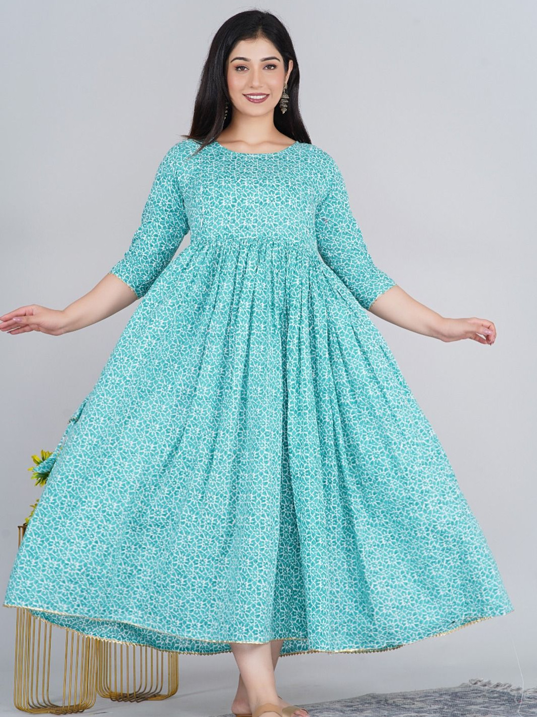 Buy Pristyle Floral Printed Gotta Patti Round Neck Maternity Anarkali ...